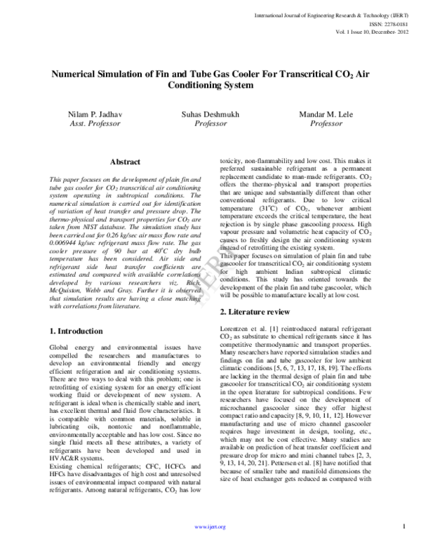 (PDF) Numerical Simulation of Fin and Tube Gas Cooler For Transcritical CO 2 Air Conditioning System