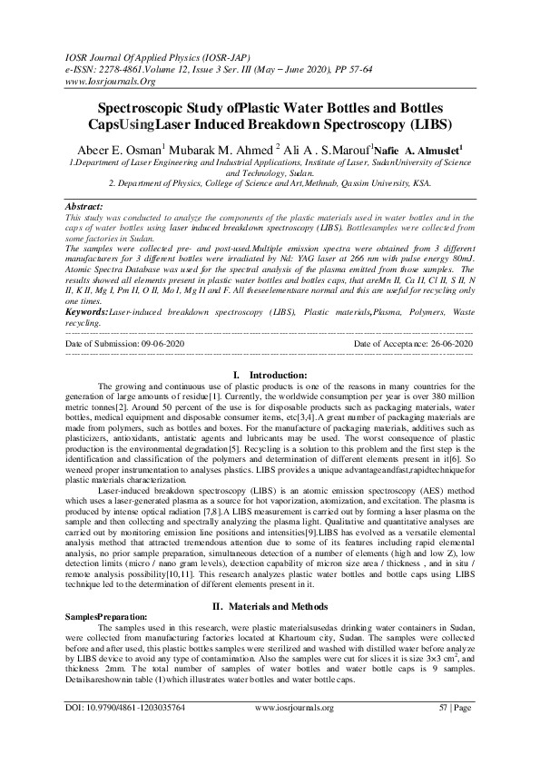 (PDF) Spectroscopic Study ofPlastic Water Bottles and Bottles ...