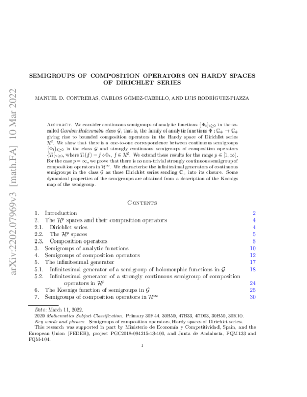 (PDF) Semigroups of composition operators on Hardy spaces of Dirichlet series
