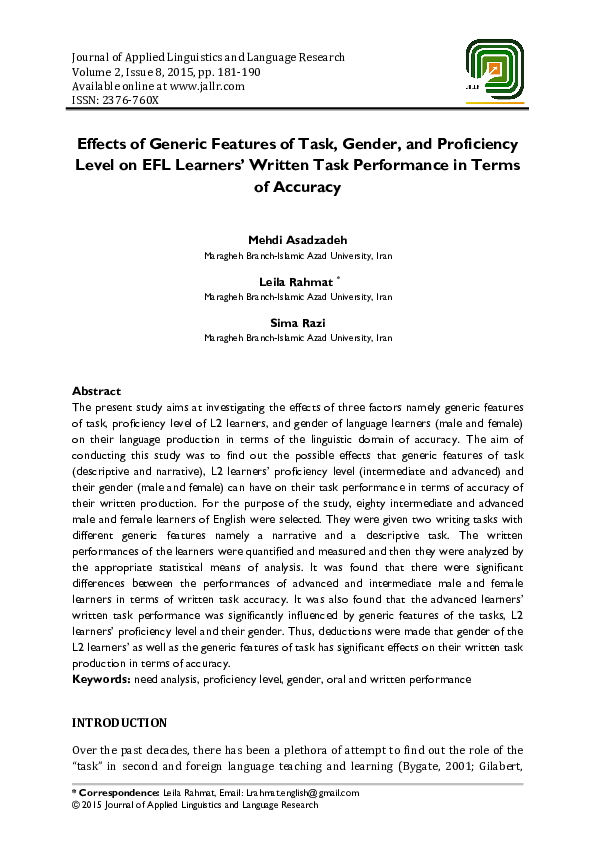 (PDF) Effects of Generic Features of Task, Gender, and Proficiency Level on EFL Learners ...