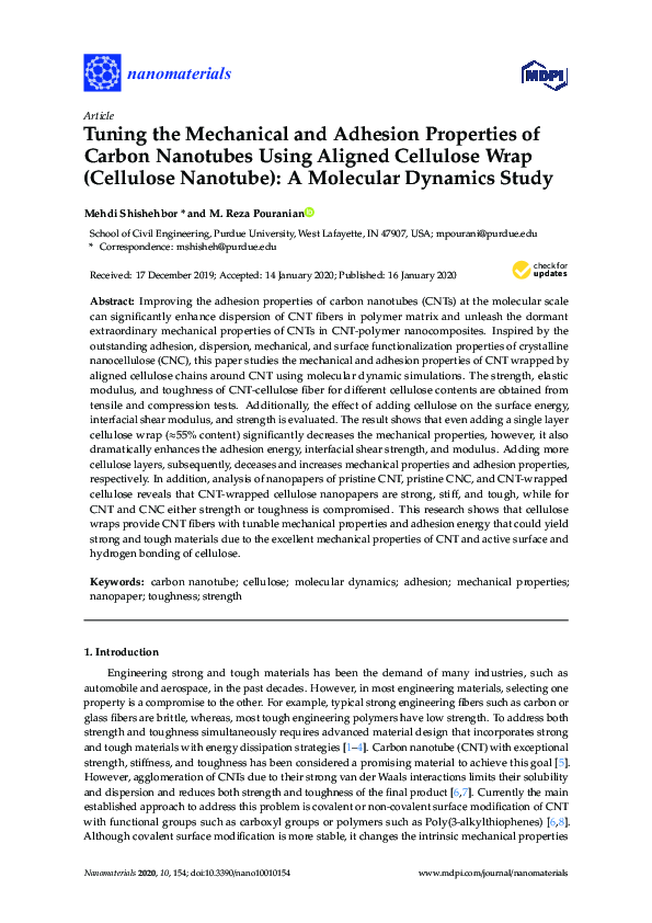 (PDF) Tuning the Mechanical and Adhesion Properties of Carbon Nanotubes Using Aligned Cellulose ...