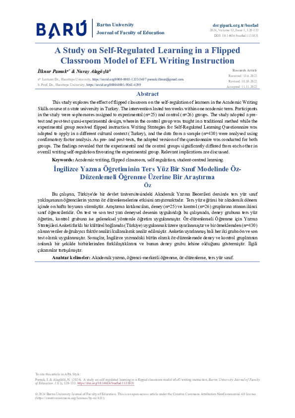 (PDF) A Study on Self-Regulated Learning in a Flipped Classroom Model of EFL Writing Instruction