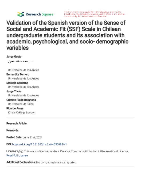 (PDF) Validation of the Spanish version of the Sense of Social and ...