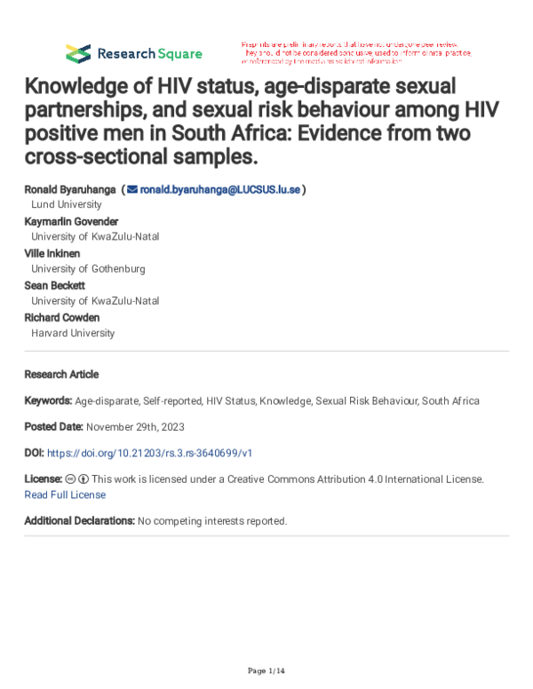 (PDF) Knowledge of HIV Status, Age-Disparate Sexual Partnerships, and ...