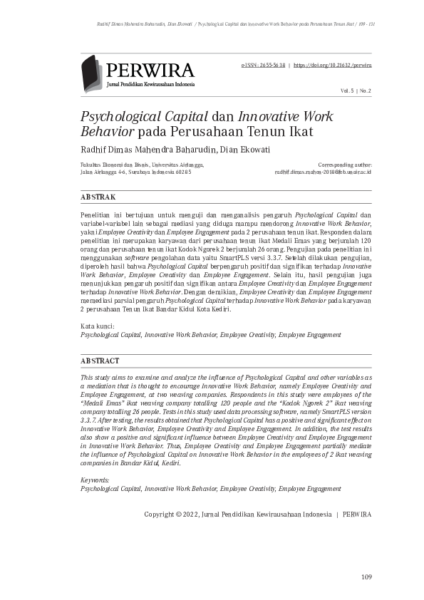(PDF) Psychological Capital dan Innovative Work Behavior pada Perusahaan Tenun Ikat