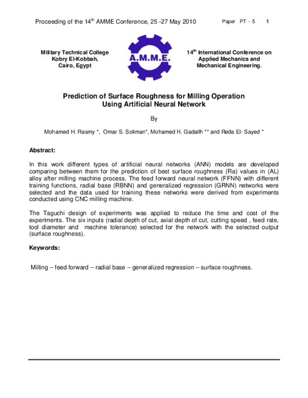 (PDF) Prediction of Surface Roughness for Milling Operation Using Artificial Neural Network