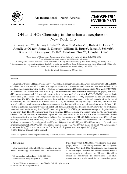 (PDF) OH and HO2 Chemistry in the urban atmosphere of New York City