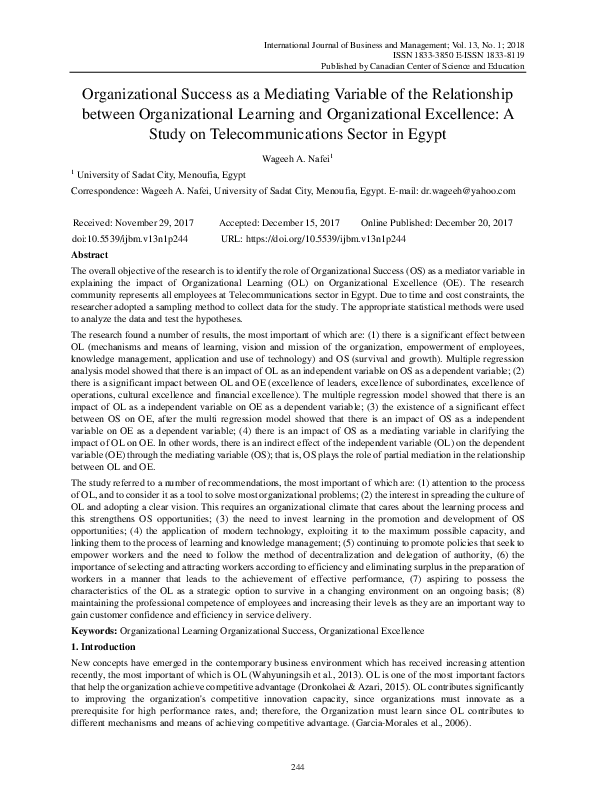 (PDF) Organizational Success as a Mediating Variable of the Relationship between Organizational ...