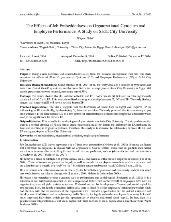 (PDF) The Effects of Job Embeddedness on Organizational Cynicism and ...