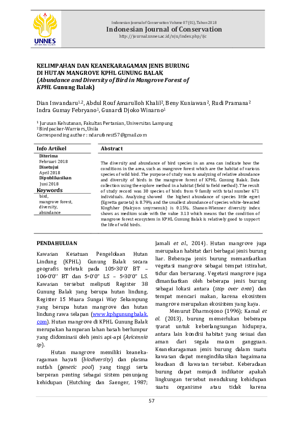 (PDF) Kelimpahan Dan Keanekaragaman Jenis Burung DI Hutan Mangrove KPHL Gunung Balak