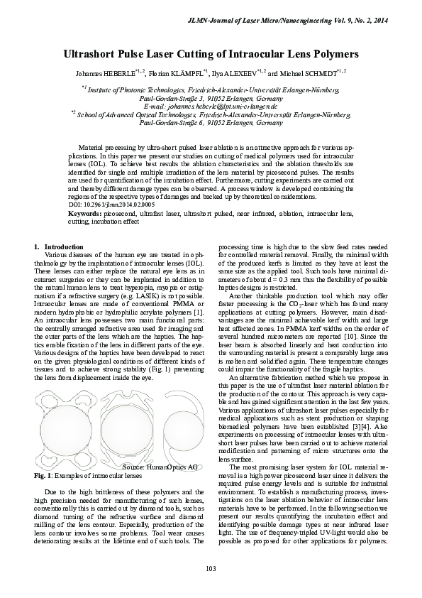 (PDF) Ultrashort Pulse Laser Cutting of Intraocular Lens Polymers