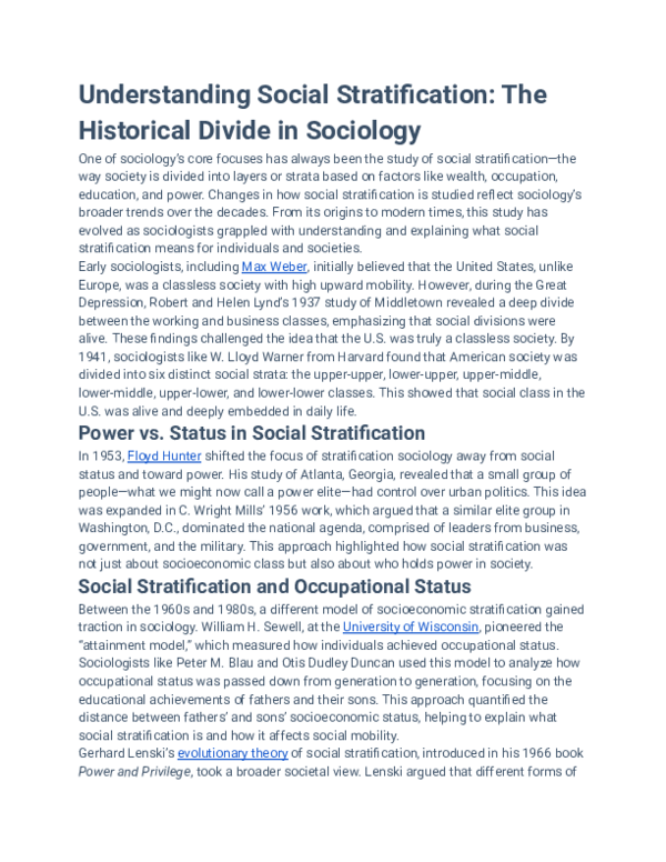 (PDF) Understanding Social Stratification The Historical Divide in ...