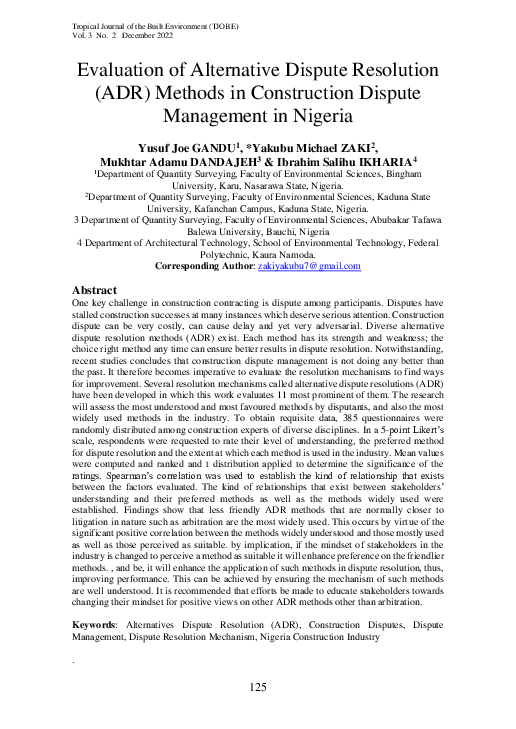 (PDF) Evaluation of Alternative Dispute Resolution ADR Methods in Construction Dispute ...