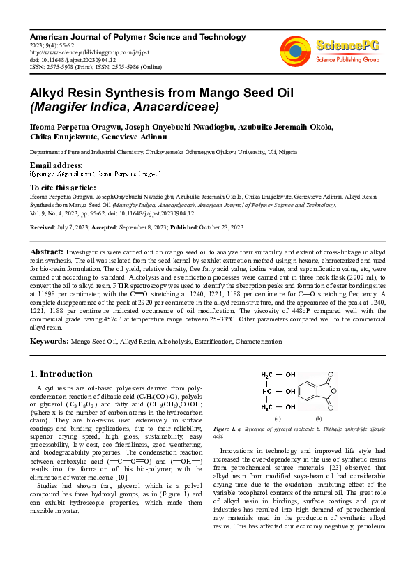 (PDF) Alkyd Resin Synthesis from Mango Seed Oil (Mangifer Indica ...
