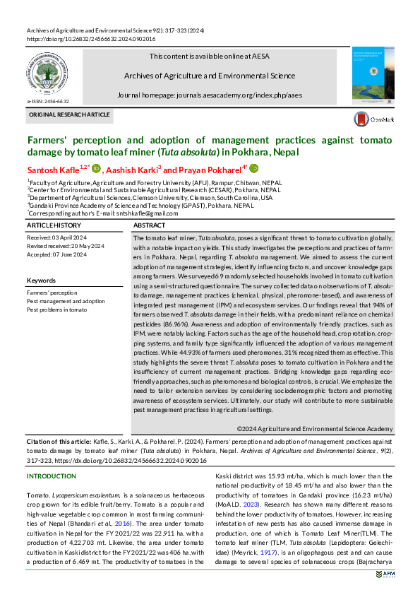 (PDF) Farmers' perception and adoption of management practices against tomato damage by tomato ...