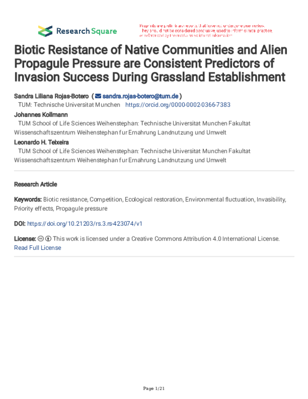 (PDF) Biotic Resistance of Native Communities and Alien Propagule Pressure are Consistent ...