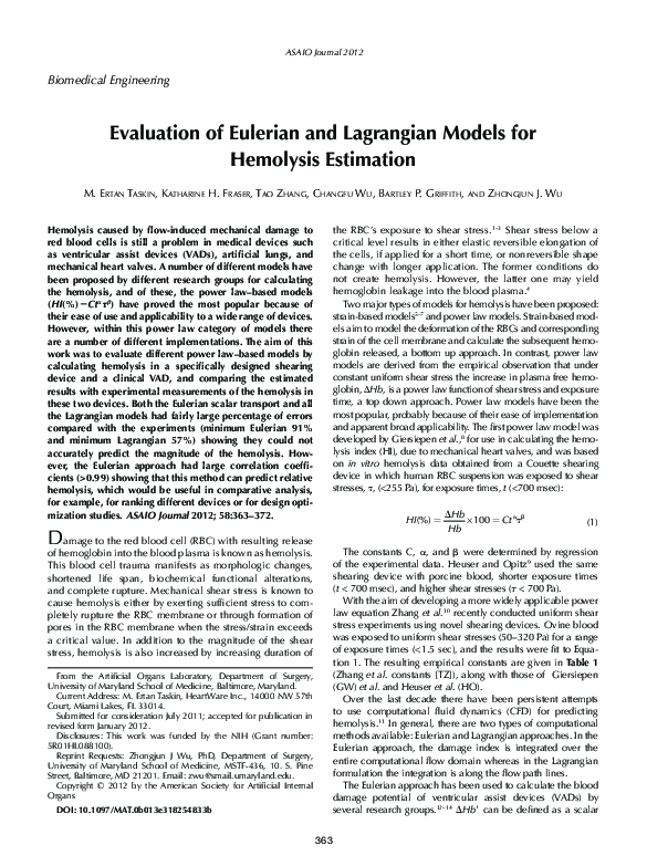 (PDF) Evaluation of Eulerian and Lagrangian Models for Hemolysis Estimation