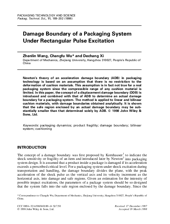 (PDF) Damage boundary of a packaging system under rectangular pulse ...
