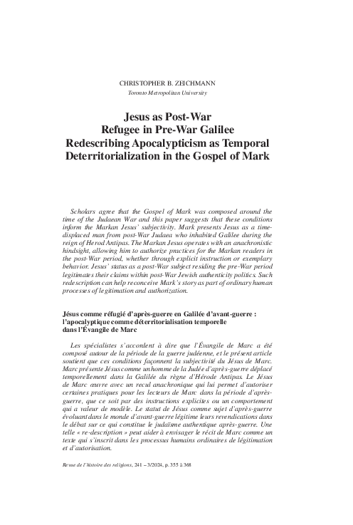 (PDF) Jesus as Post-War Refugee in Pre-War Galilee: Redescribing ...