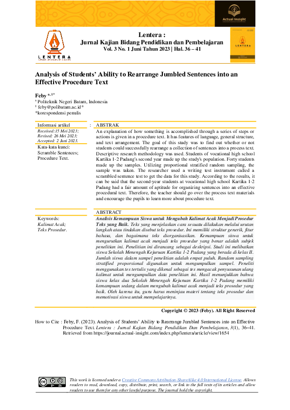 (PDF) Analysis of Students’ Ability to Rearrange Jumbled Sentences into an Effective Procedure Text