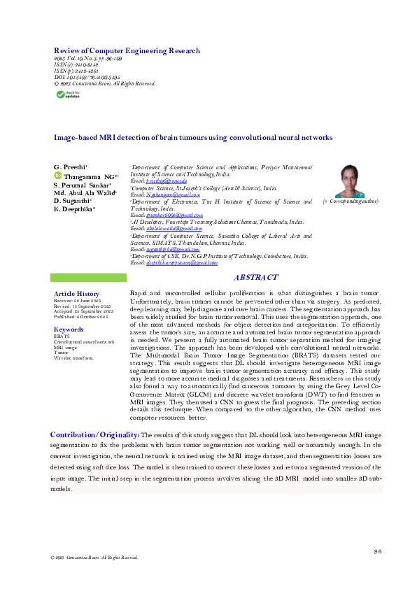 Pdf Image Based Mri Detection Of Brain Tumours Using Convolutional Neural Networks Suganthi