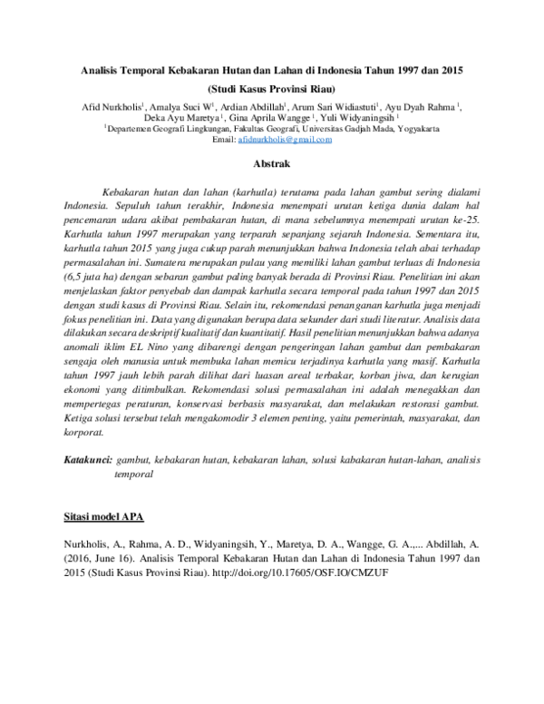 (PDF) Analisis Temporal Kebakaran Hutan dan Lahan di Indonesia Tahun 1997 dan 2015 (Studi Kasus ...