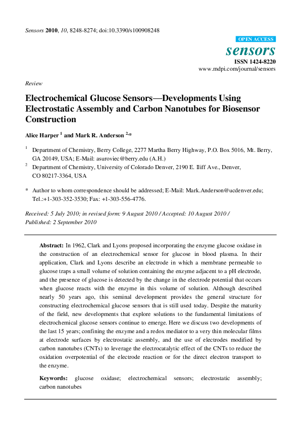 (PDF) Electrochemical Glucose Sensors—Developments Using Electrostatic ...
