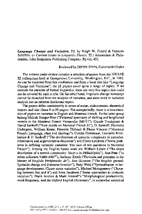 (PDF) Language Change and Variation . Ed. by Ralph W. Fasold & Deborah ...