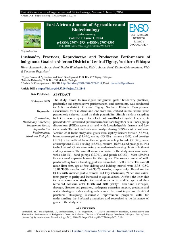 (PDF) Husbandry practices, reproductive and production performanceof ...