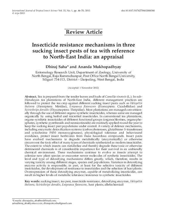 (PDF) Insecticide resistance mechanisms in three sucking insect pests of tea with reference to ...
