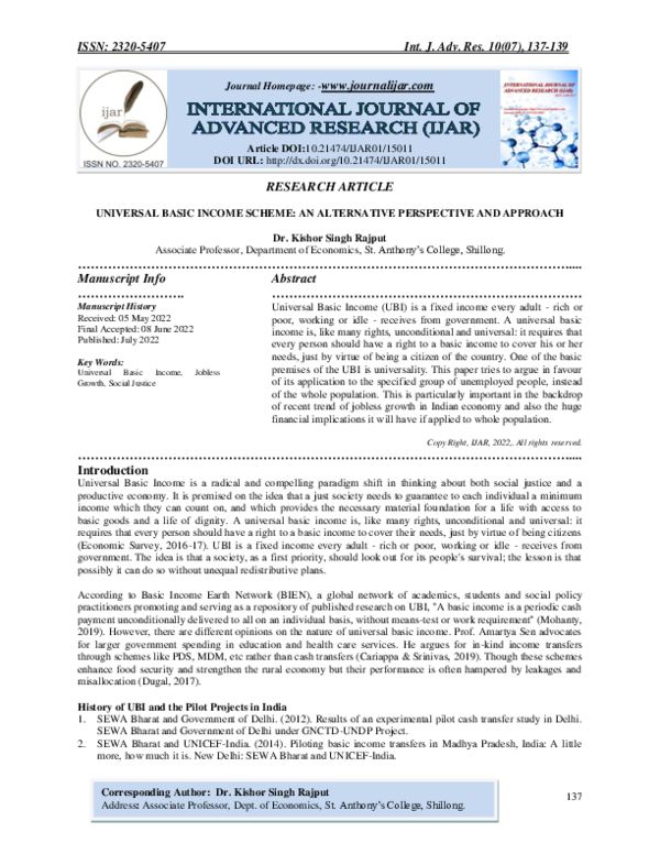 (PDF) Universal Basic Income Scheme: An Alternative Perspective and Approach