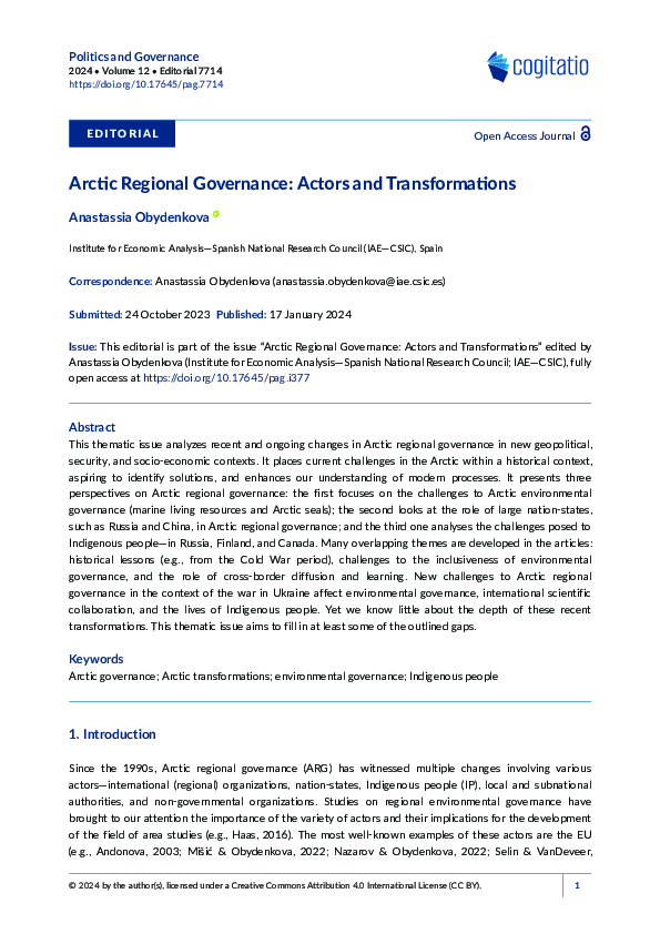 (PDF) Arctic Regional Governance: Actors and Transformations