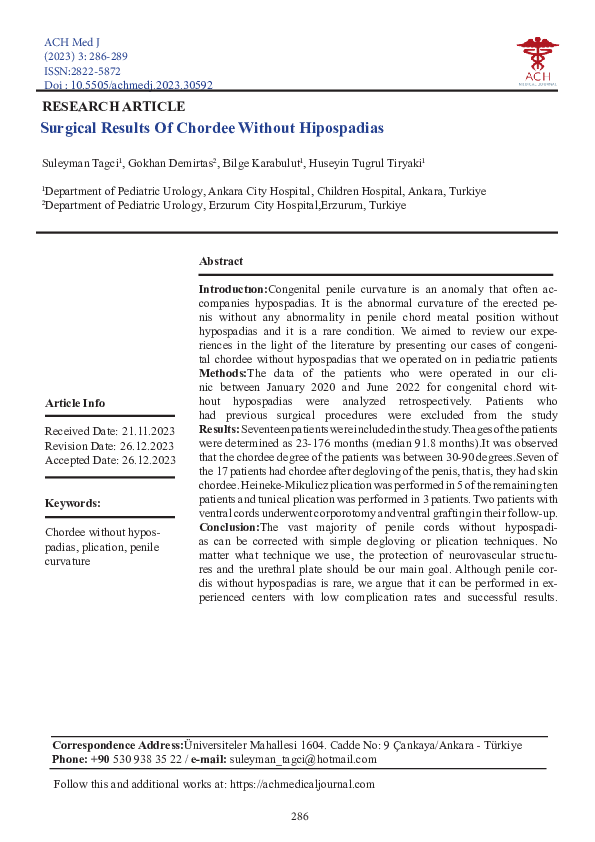 (PDF) Surgical Results Of Chordee Without Hipospadias | Suleyman Tagci ...