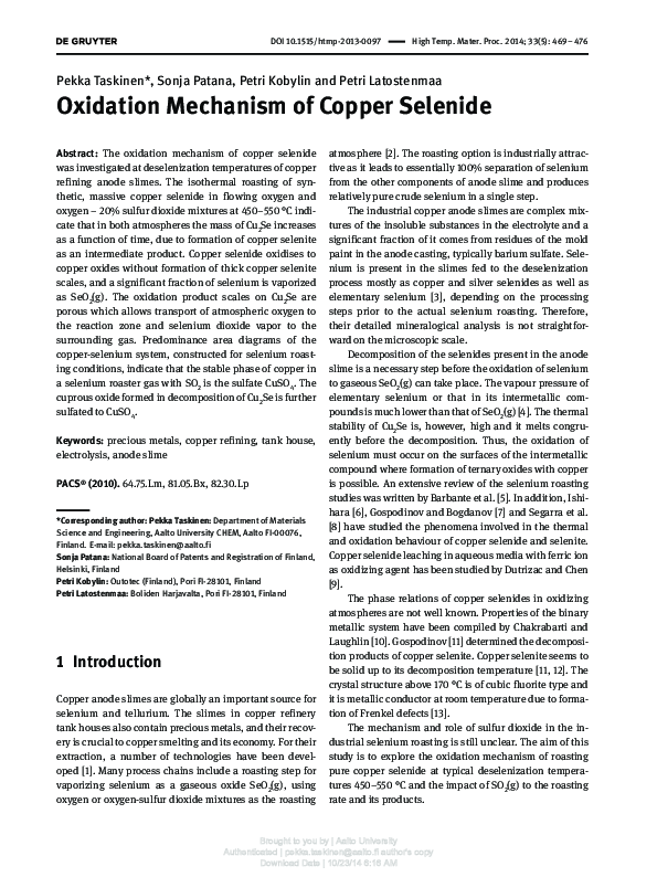 (PDF) Oxidation Mechanism of Silver Selenide