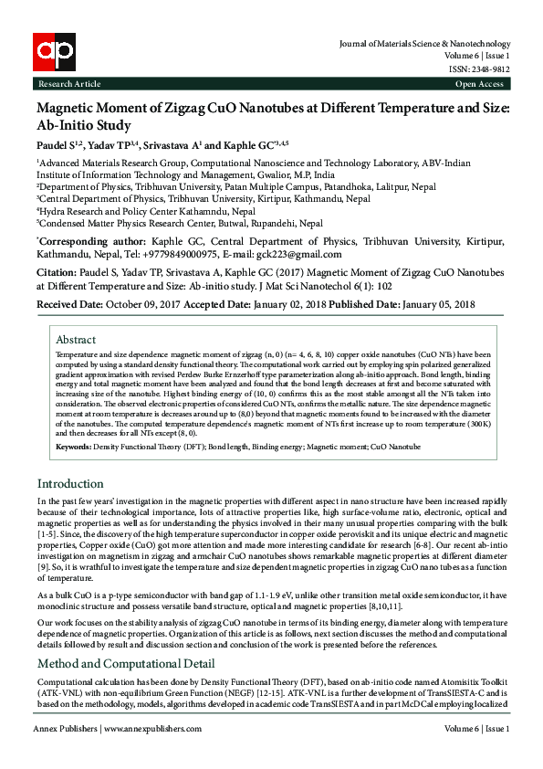 (PDF) Magnetic Moment of Zigzag CuO Nanotubes at Different Temperature and Size: Ab-Initio Study