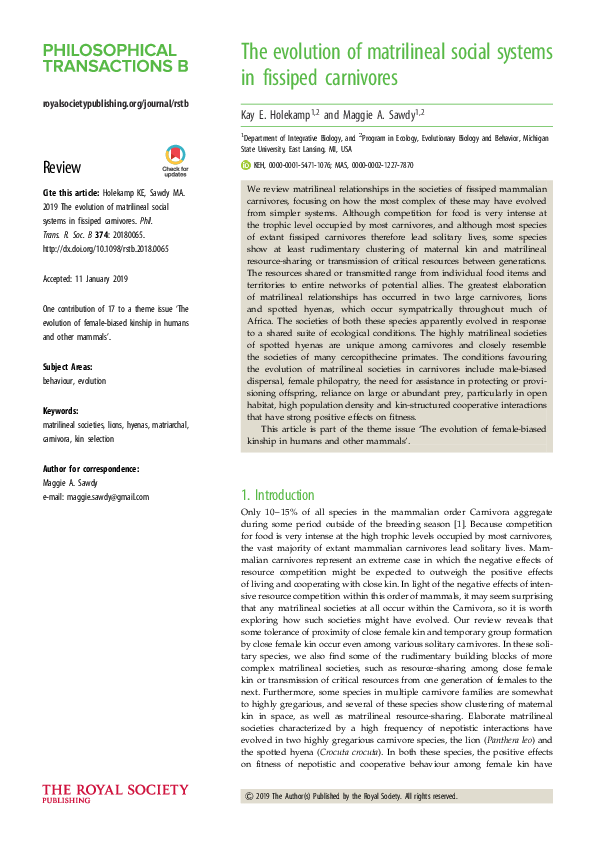 (PDF) The evolution of matrilineal social systems in fissiped carnivores