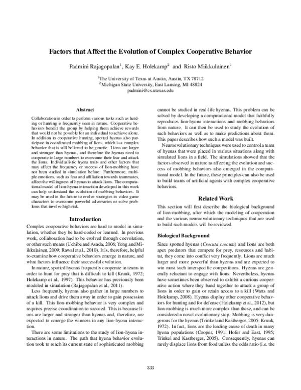 (PDF) Factors that Affect the Evolution of Complex Cooperative Behavior