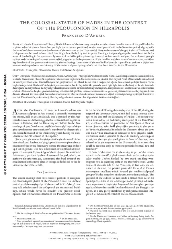 (PDF) The colossal statue of Hades in the context of the Ploutonion in Hierapolis