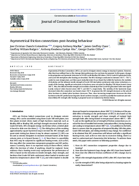Pdf Asymmetrical Friction Connections Post Heating Behaviour