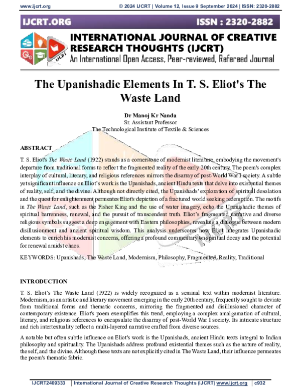 (PDF) The Upanishadic Elements In T. S. Eliot's The Waste Land