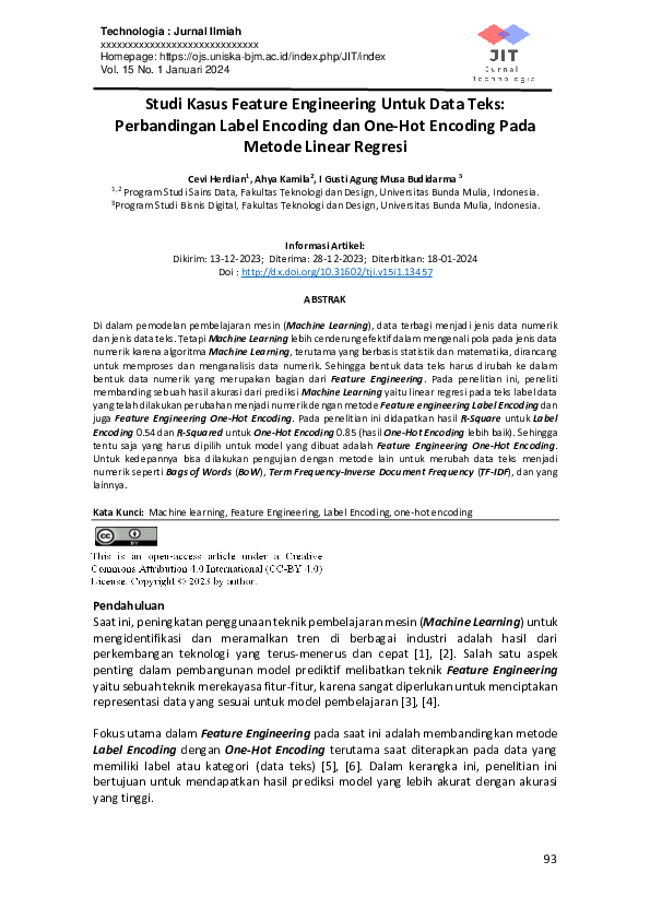 (PDF) Studi Kasus Feature Engineering Untuk Data Teks: Perbandingan Label Encoding dan One-Hot ...