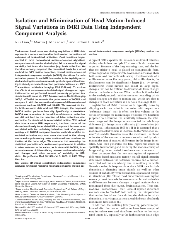 (PDF) Isolation and minimization of head motion-induced signal variations in fMRI data using ...