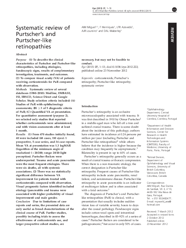 (PDF) Systematic review of Purtscher’s and Purtscher-like retinopathies