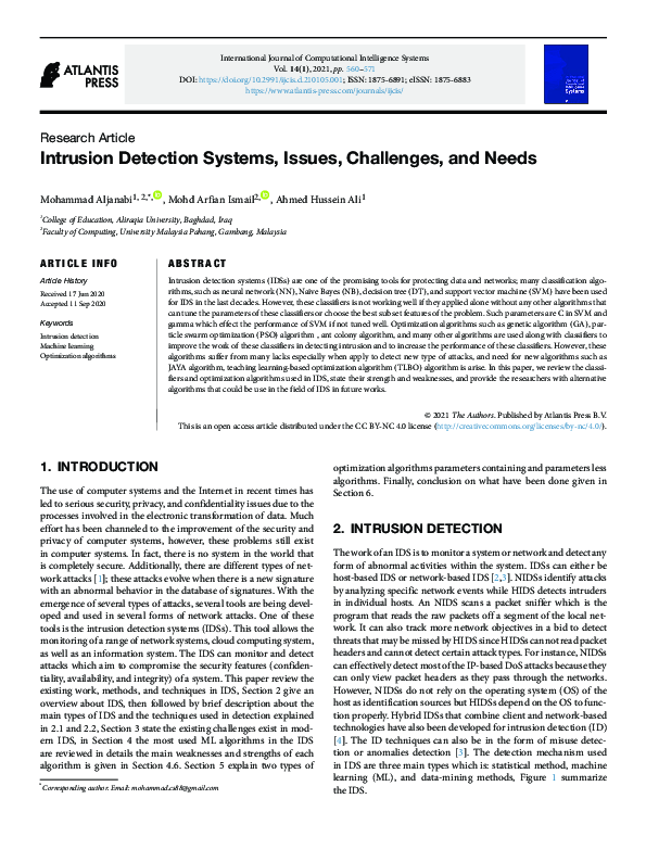 (PDF) Intrusion Detection Systems, Issues, Challenges, and Needs | Ahmed Hassan Ali - Academia.edu
