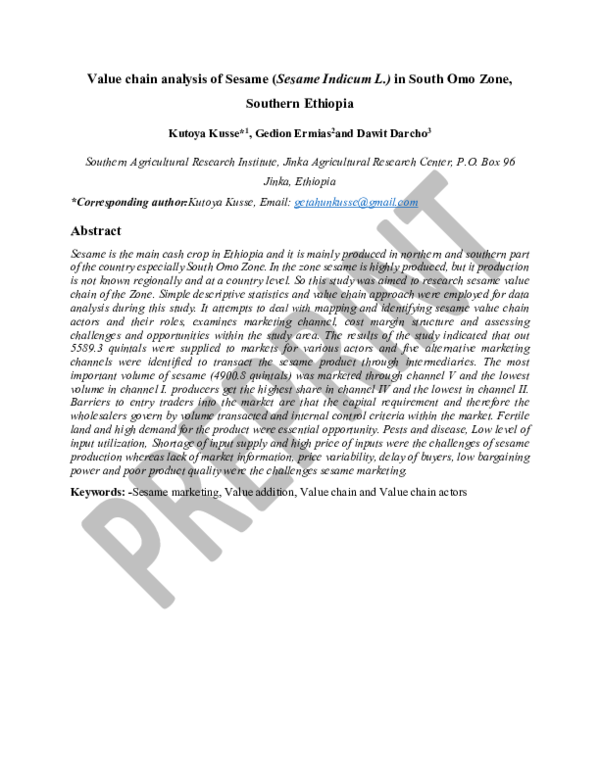 (PDF) Value chain analysis of Sesame (Sesame Indicum L.) in South Omo ...