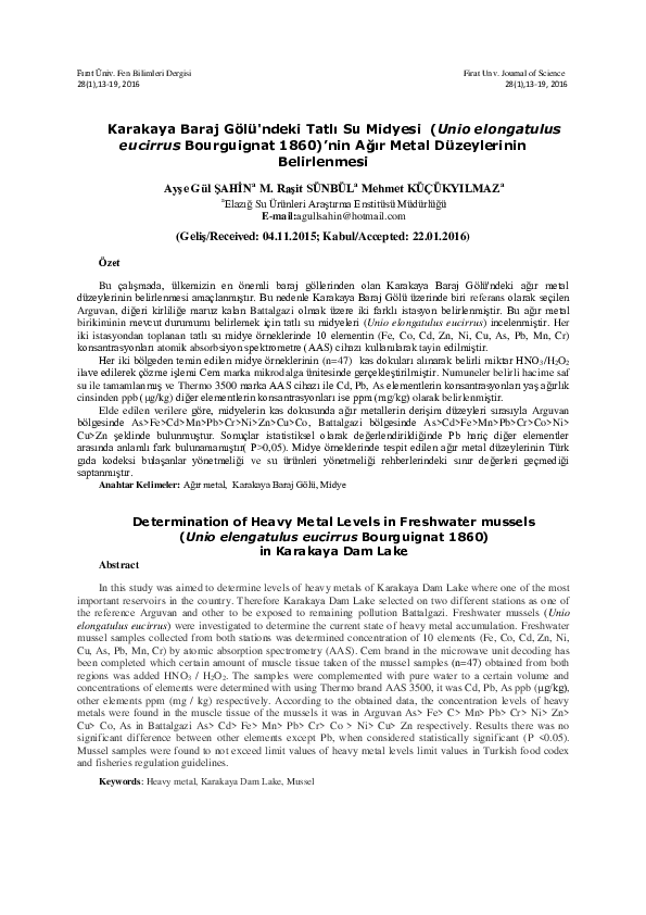 (PDF) Karakaya Baraj Gölü'ndeki Tatlı Su Midyesi (Unio elongatulus ...