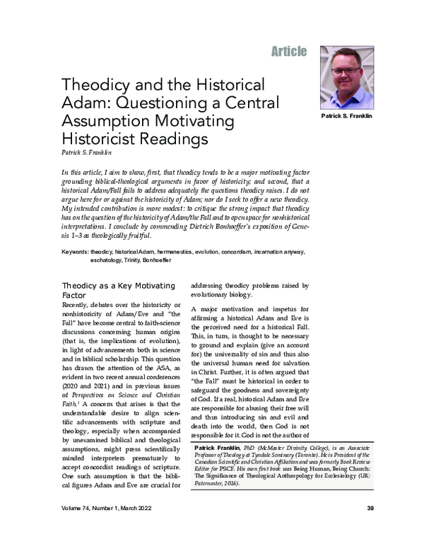 (PDF) Theodicy and the Historical Adam: Questioning a Central ...