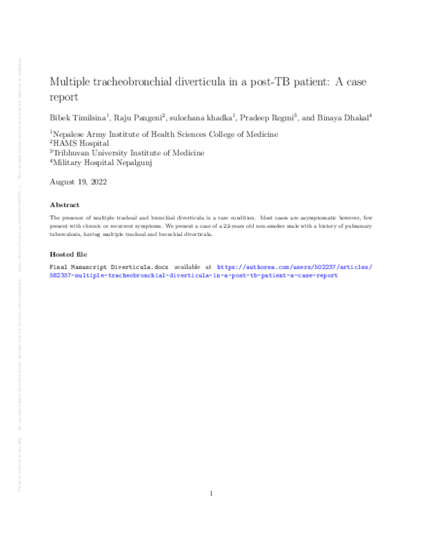 (PDF) Multiple tracheobronchial diverticula in a post-TB patient: A ...