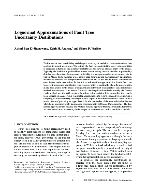 (PDF) Lognormal Approximations of Fault Tree Uncertainty Distributions