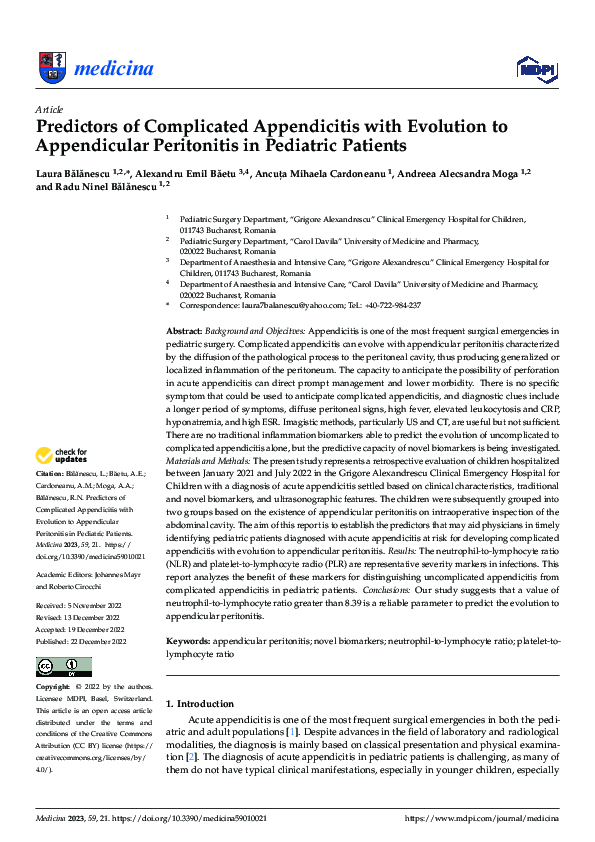 (PDF) Predictors of Complicated Appendicitis with Evolution to ...